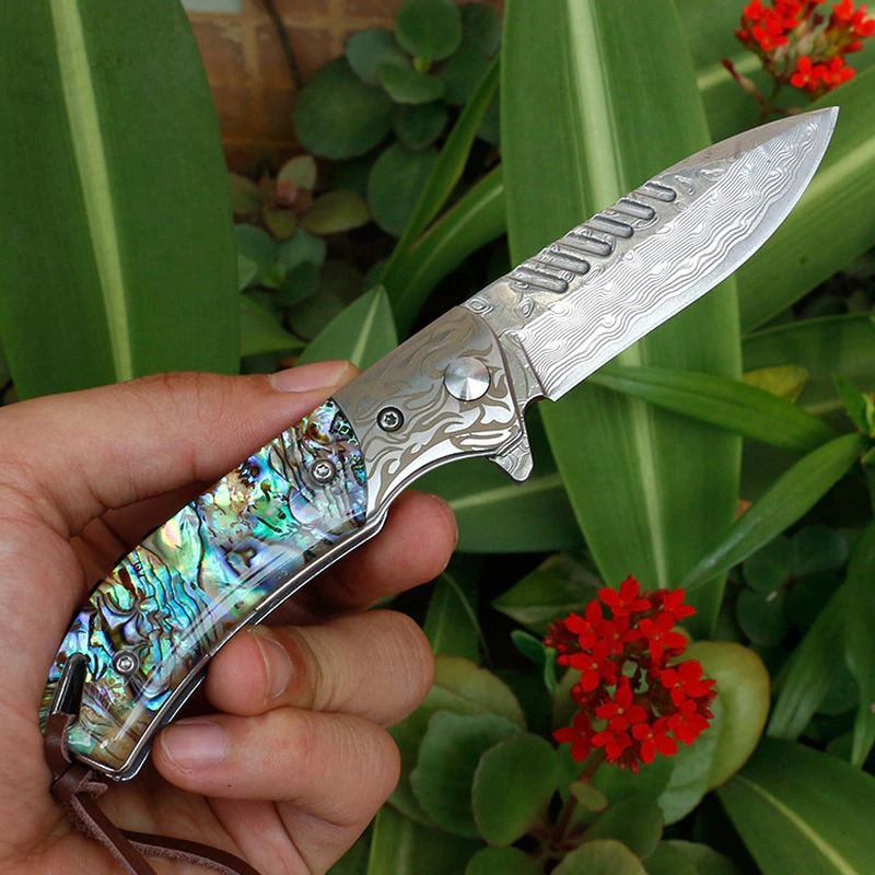 Damascus Shell Handle Folding Knife Steel 5Cr13Mov tactical