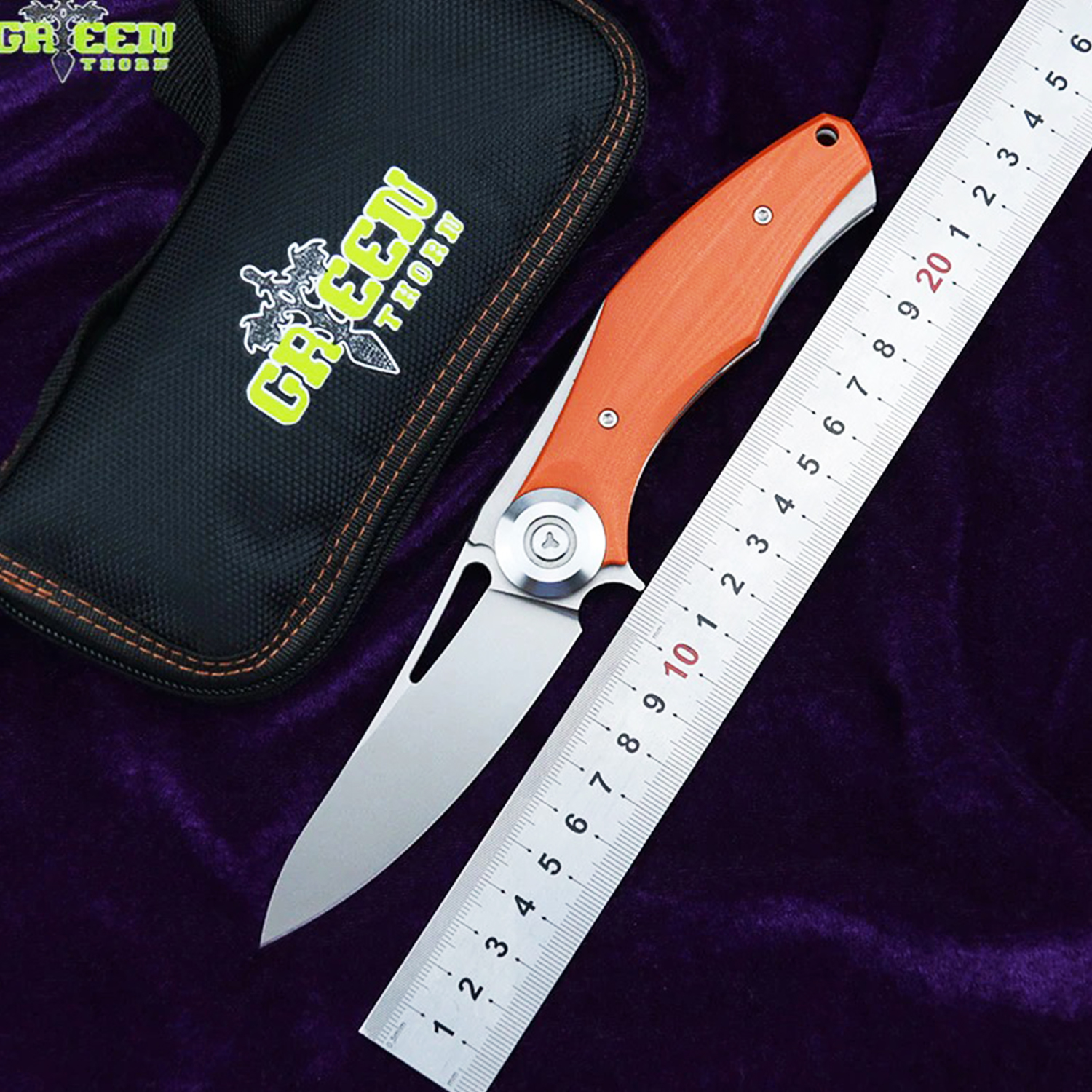Green Thorn Dark Flipper Orange Folding Knife D2 G10+Titanium
