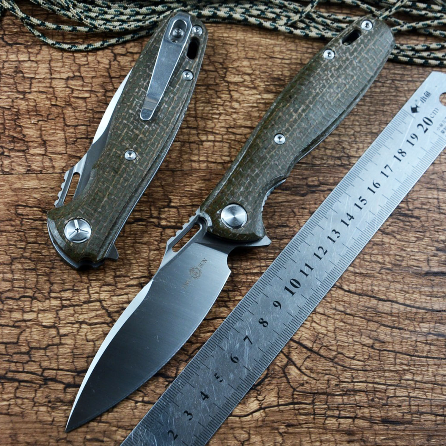 Twosun TS162L folding knife D2 Satin Blade Linen handle Tactical